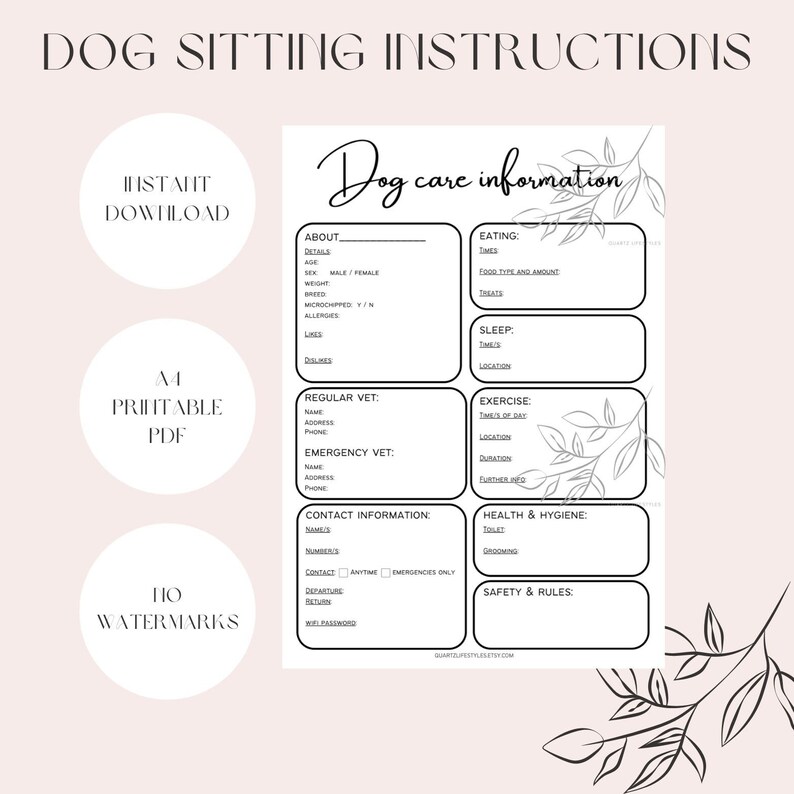 Dog Sitting Instructions Printable PDF Template Dog Sitter Care