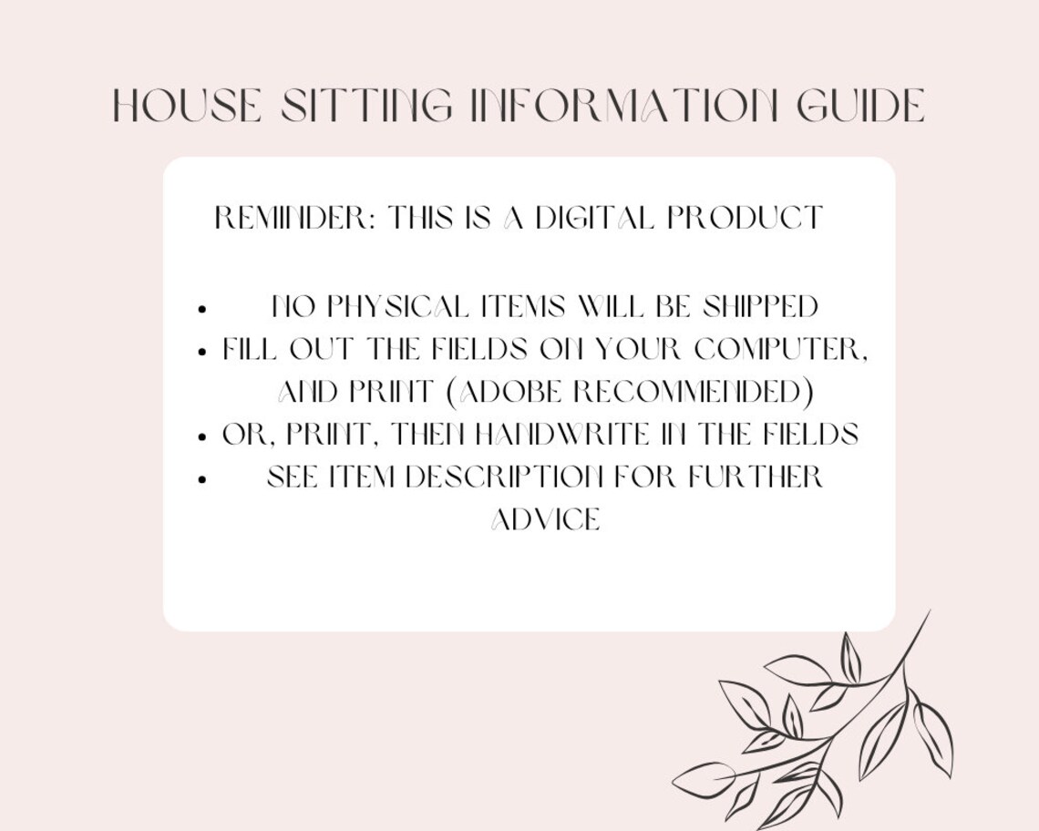 HOUSE SITTING GUIDE | Fillable Fields | Instant Download - Etsy