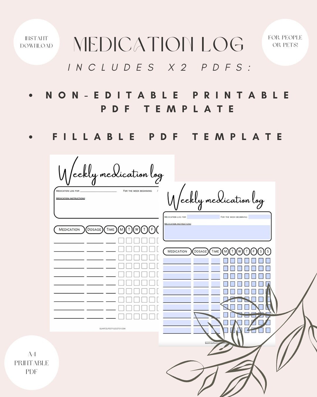 WEEKLY MEDICATION LOG | Pdf Fillable Medication Tracker | for People or ...