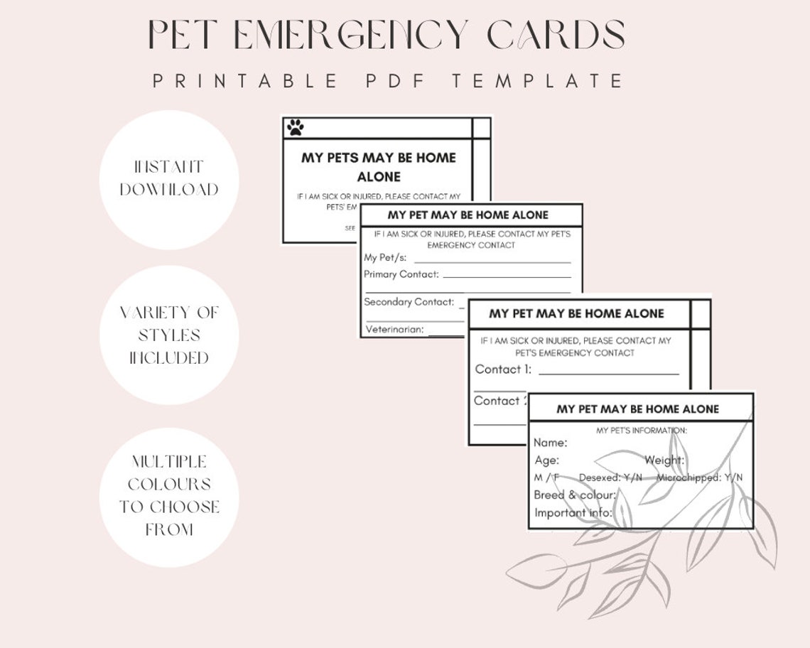 Pet Emergency Cards | My Pet May Be Home Alone Cards | PDF Printable - Etsy
