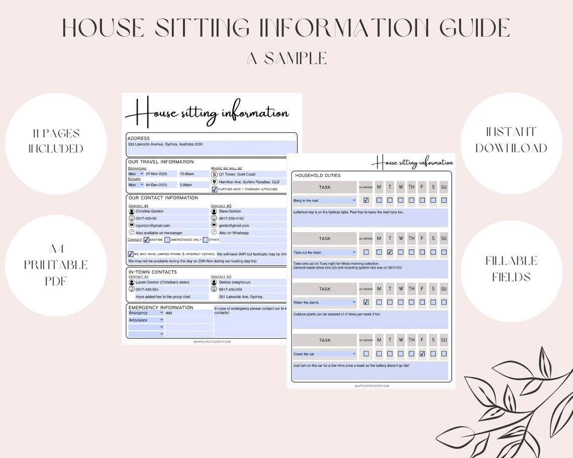 HOUSE SITTING GUIDE | Fillable Fields | Instant Download - Etsy