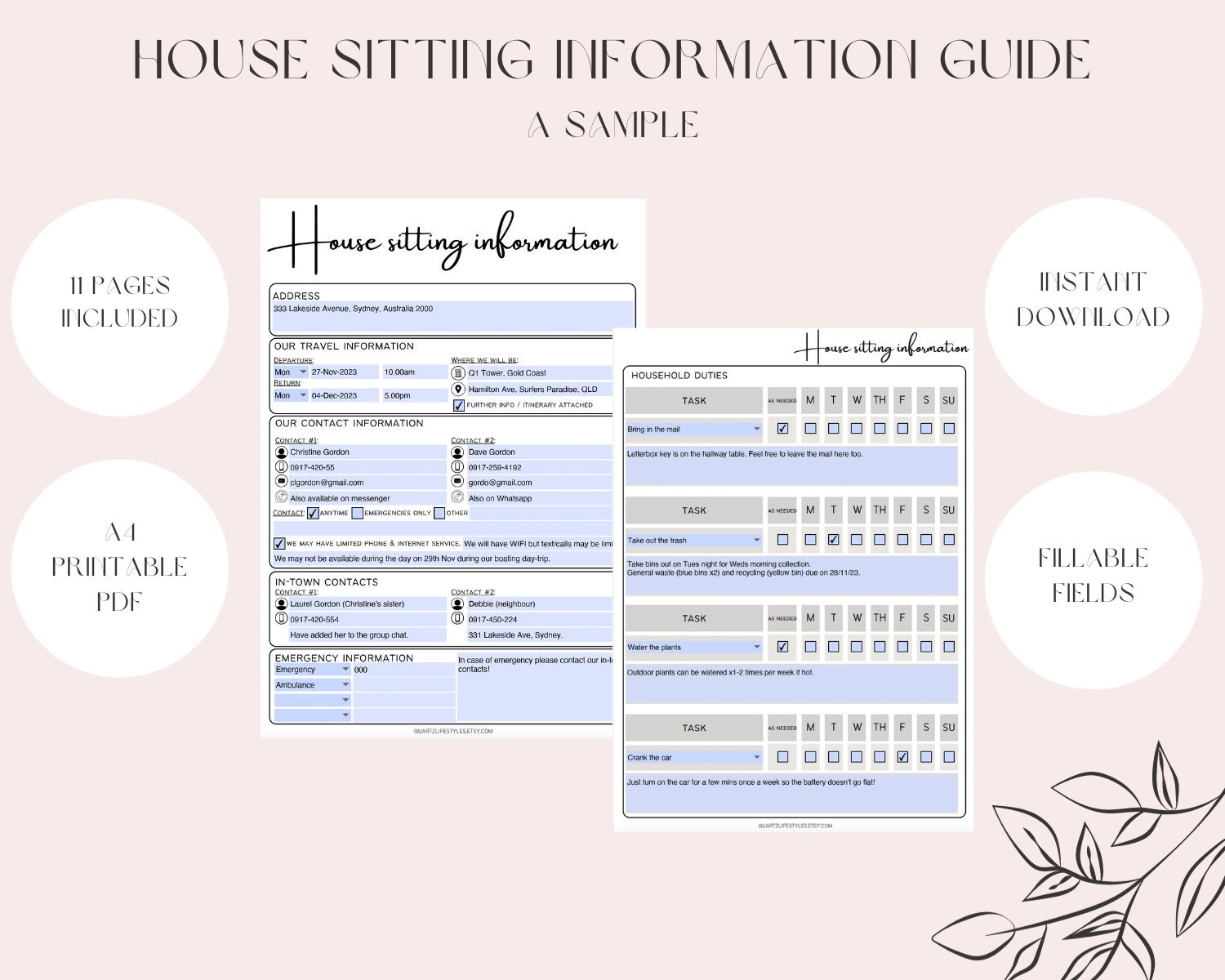 HOUSE SITTING GUIDE | Fillable Fields | Instant Download - Etsy