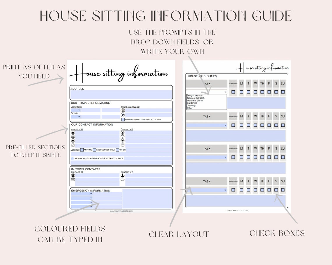 HOUSE SITTING GUIDE | Fillable Fields | Instant Download - Etsy