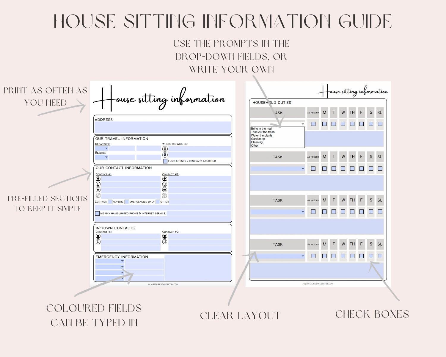 HOUSE SITTING GUIDE | Fillable Fields | Instant Download - Etsy