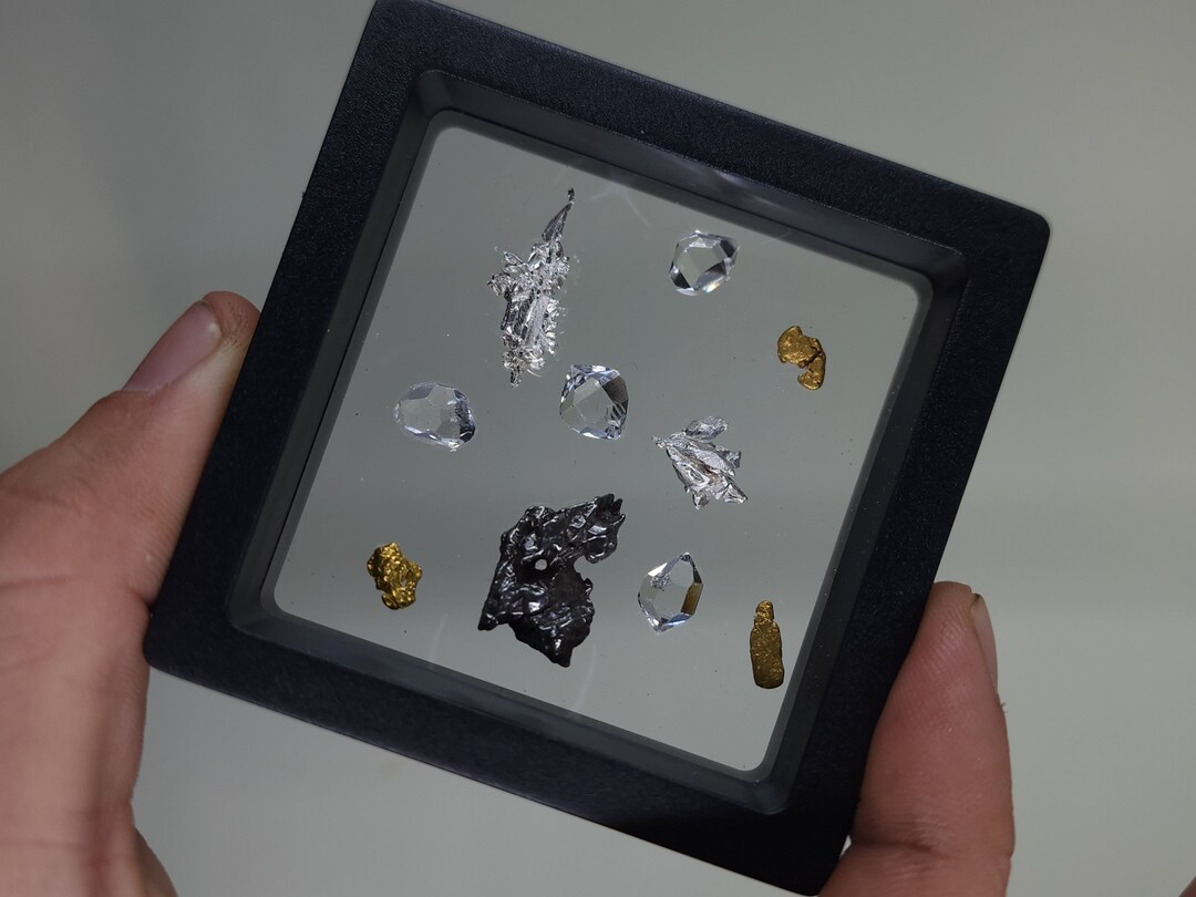 Shadow Box With Herkimer Diamonds, Gold, Crystalline Silver, and Campo ...