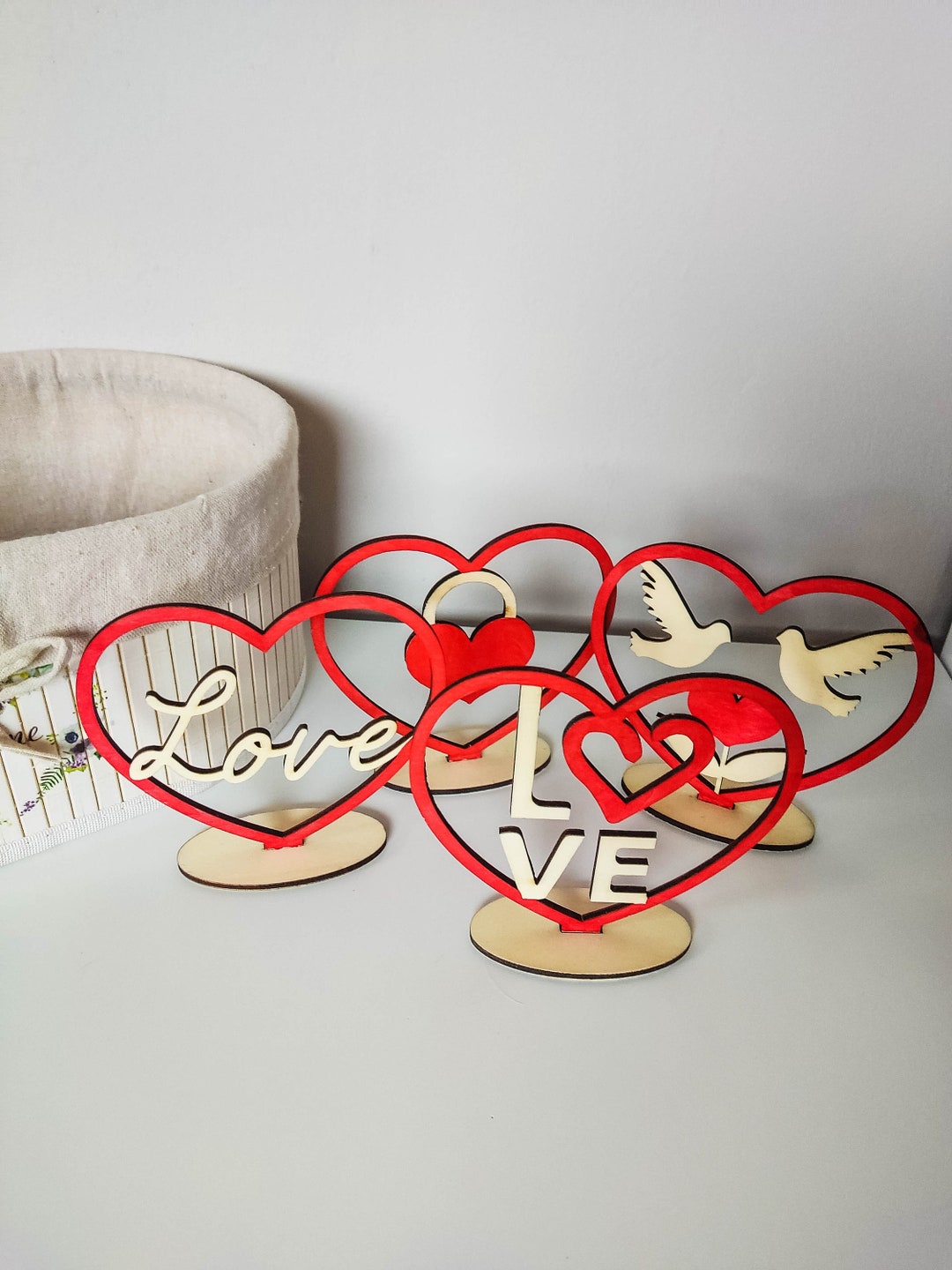 Set of 4 Wooden Heart Decorations Gifts for Loved Ones Table Decoration ...