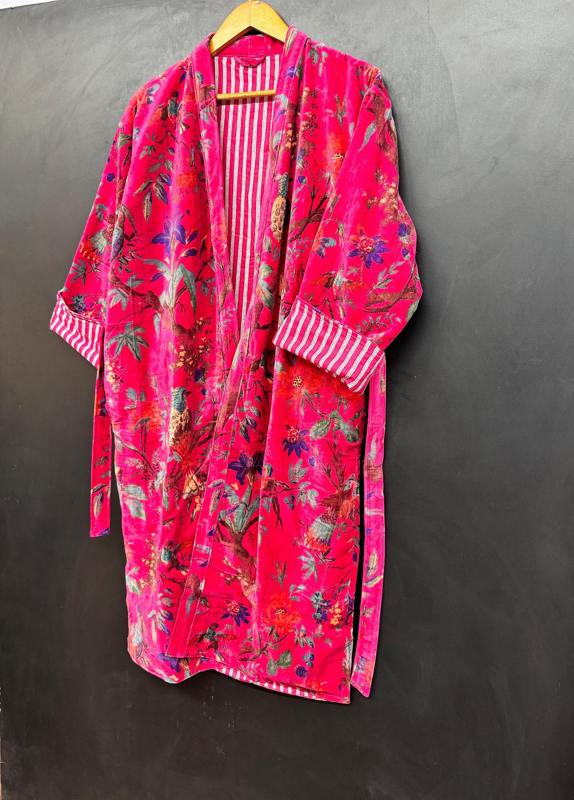 Pink Bird Print Velvet Kimono Robes, Morning Tea Velvet Coat ...