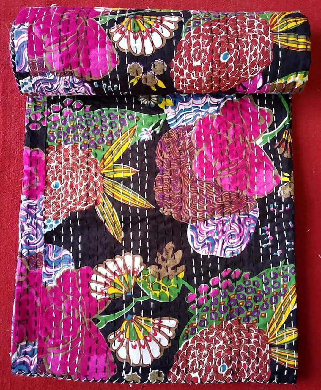Rajasthani Fruit Print Quilt Indian Kantha Handmade Throw Reversible ...