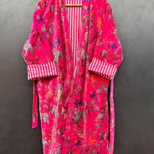 Pink Bird Print Velvet Kimono Robes, Morning Tea Velvet Coat ...
