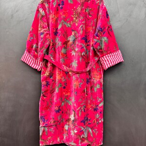 Pink Bird Print Velvet Kimono Robes, Morning Tea Velvet Coat ...