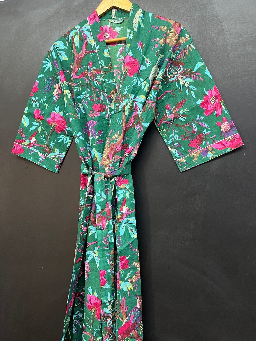 Green Bird Cotton Kimono Robe, Anniversary Gifts, Summer Cotton Robes ...