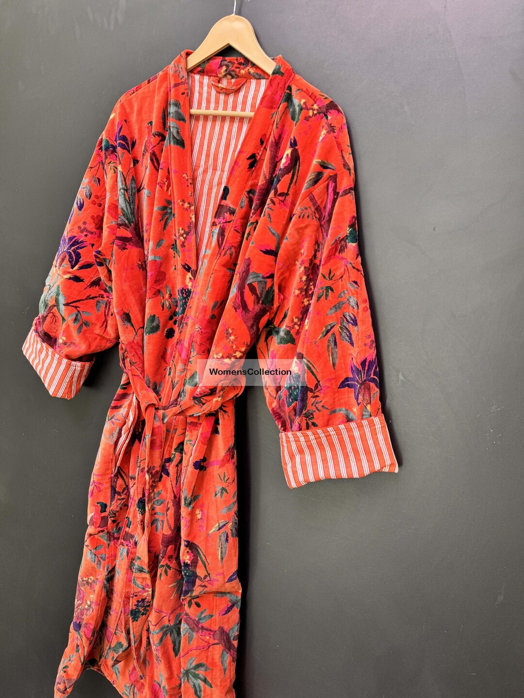 Orange Bird Velvet Robe, Women Wear Cotton Velvet Robe, Velvet Kimono ...