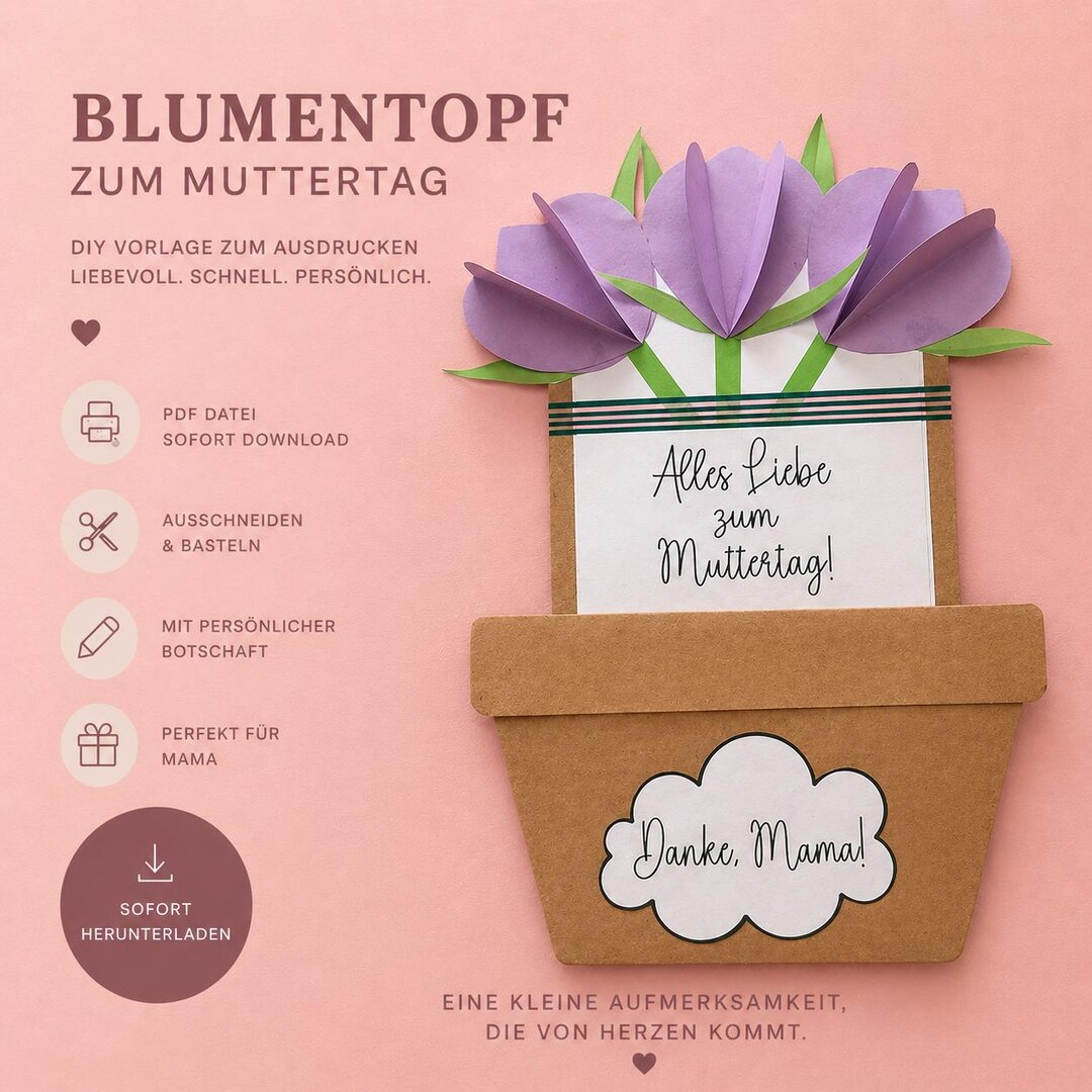 Mother's Day Printable Template | DIY Flower Pot Card | Last Minute ...