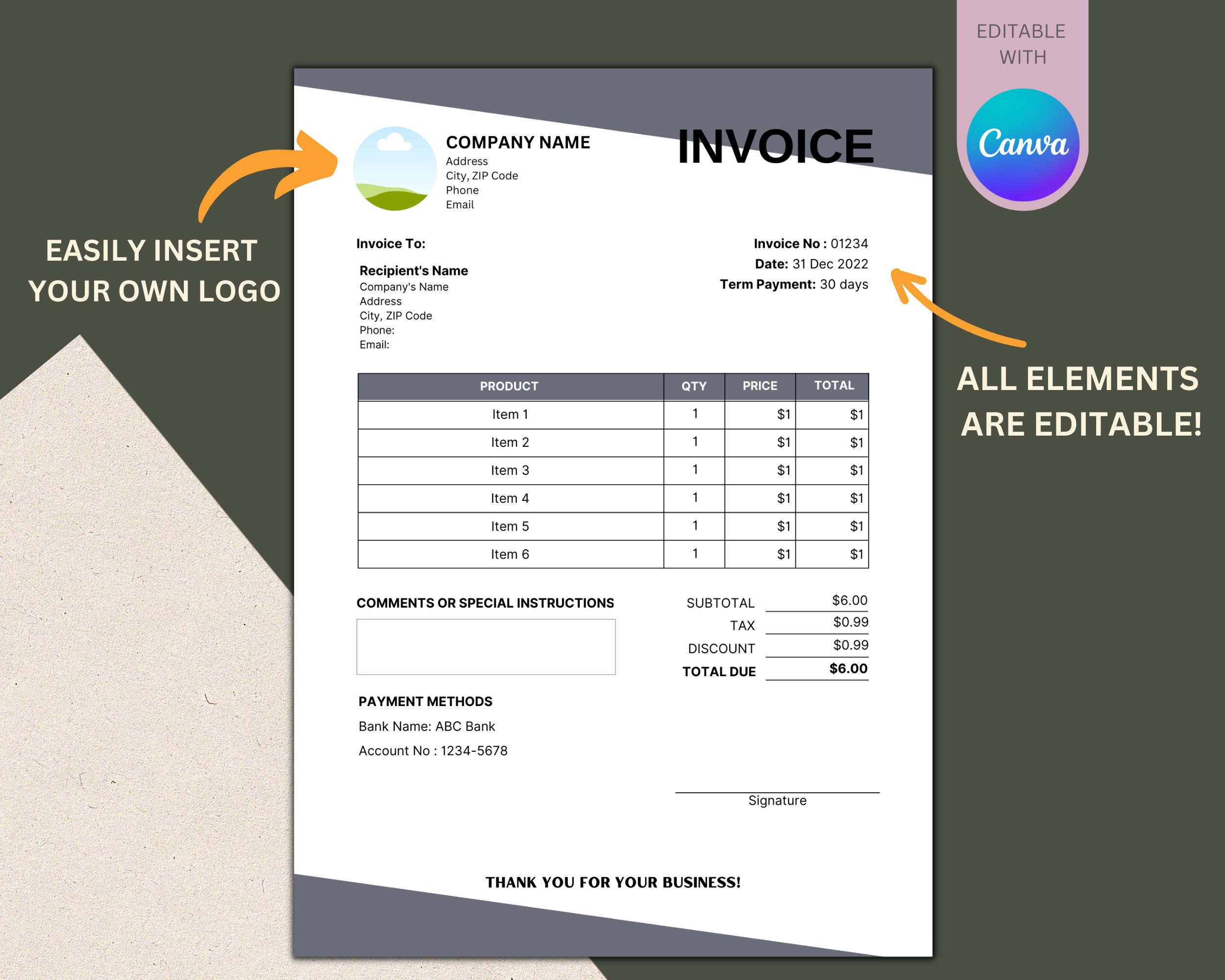 Canva Template Invoice Template Printable Invoice Editable Template ...