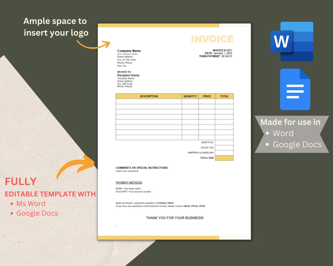 Invoice Template Word Google Docs Business Template Invoice - Etsy