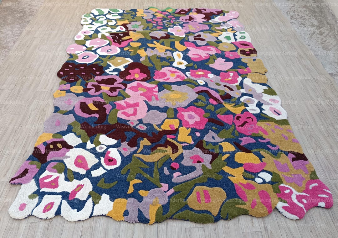 Handmade Floral Pink Green Rug 100% Woolen Hand Tufted High-low Rug for ...