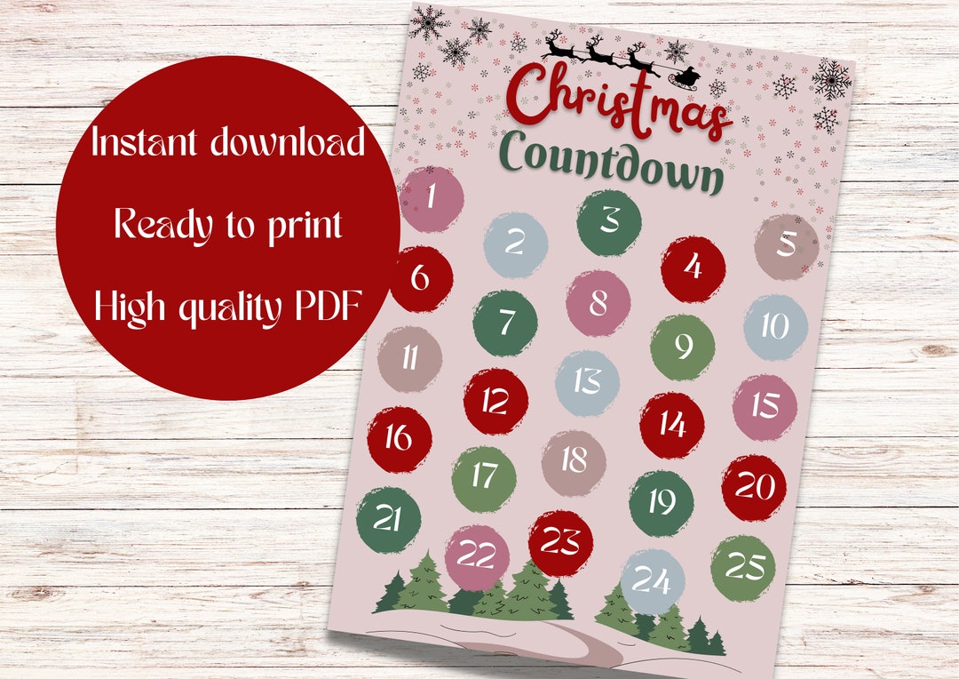 Christmas Countdown Calendar, Advent Calendar, Ready to Print Christmas ...