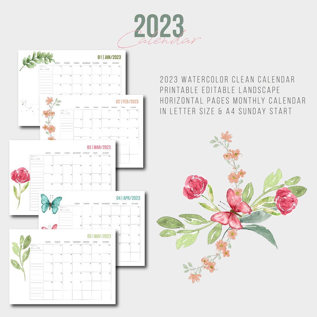 2023 Floral Calendar | Printable Editable Horizontal Pages Monthly ...