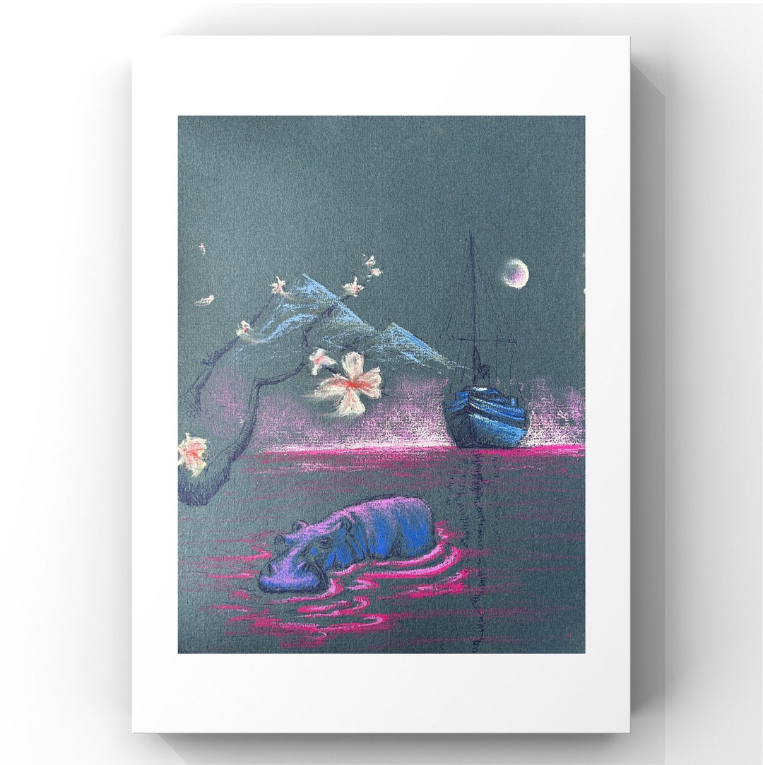 Pink Zen Hippopotamus Mountain Landscape Pastel Drawing Artwork With ...