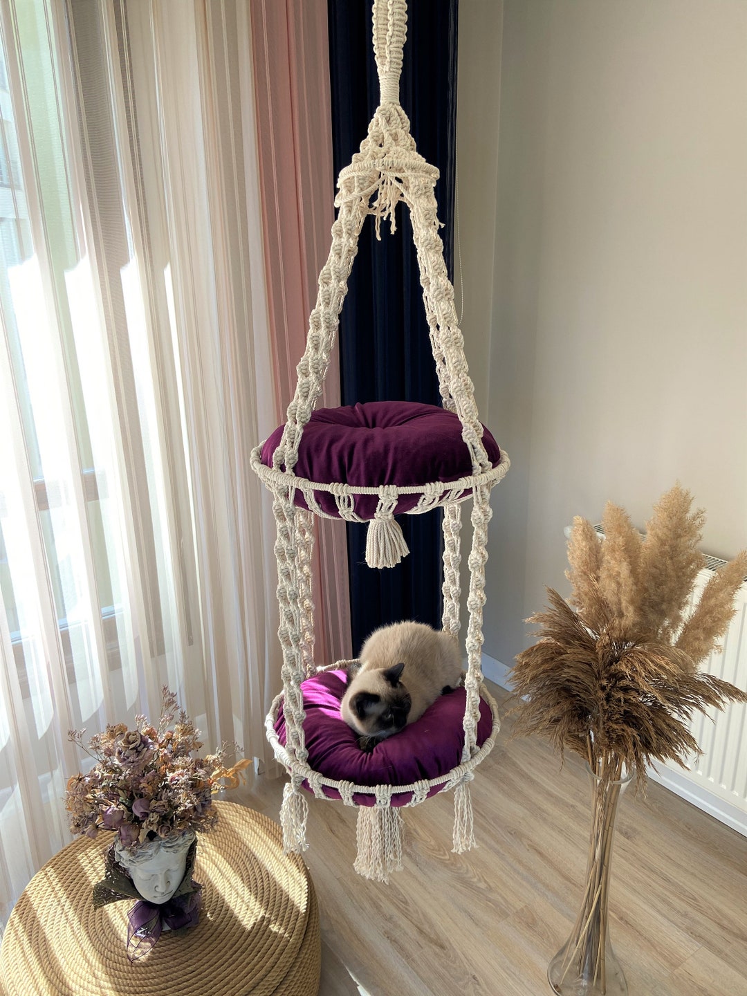 Macrame Cat Hammock 2 Tier Hanging Cat Bed Cat Tree Cat Etsy