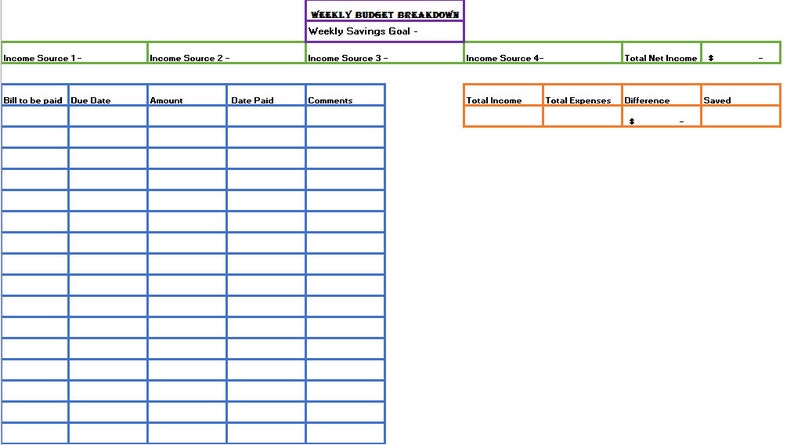 Weekly Budget Breakdown - Excel Spreadsheet Download - Etsy