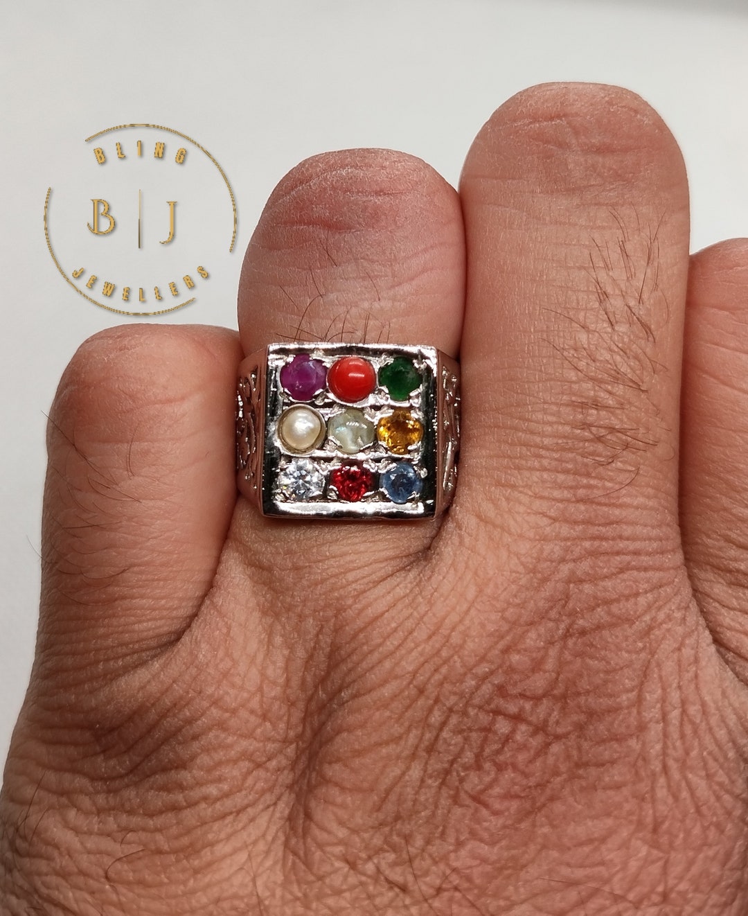 Men's 925 Solid Sterling Silver Natural Stone Ring, Natural Multi-stone ...