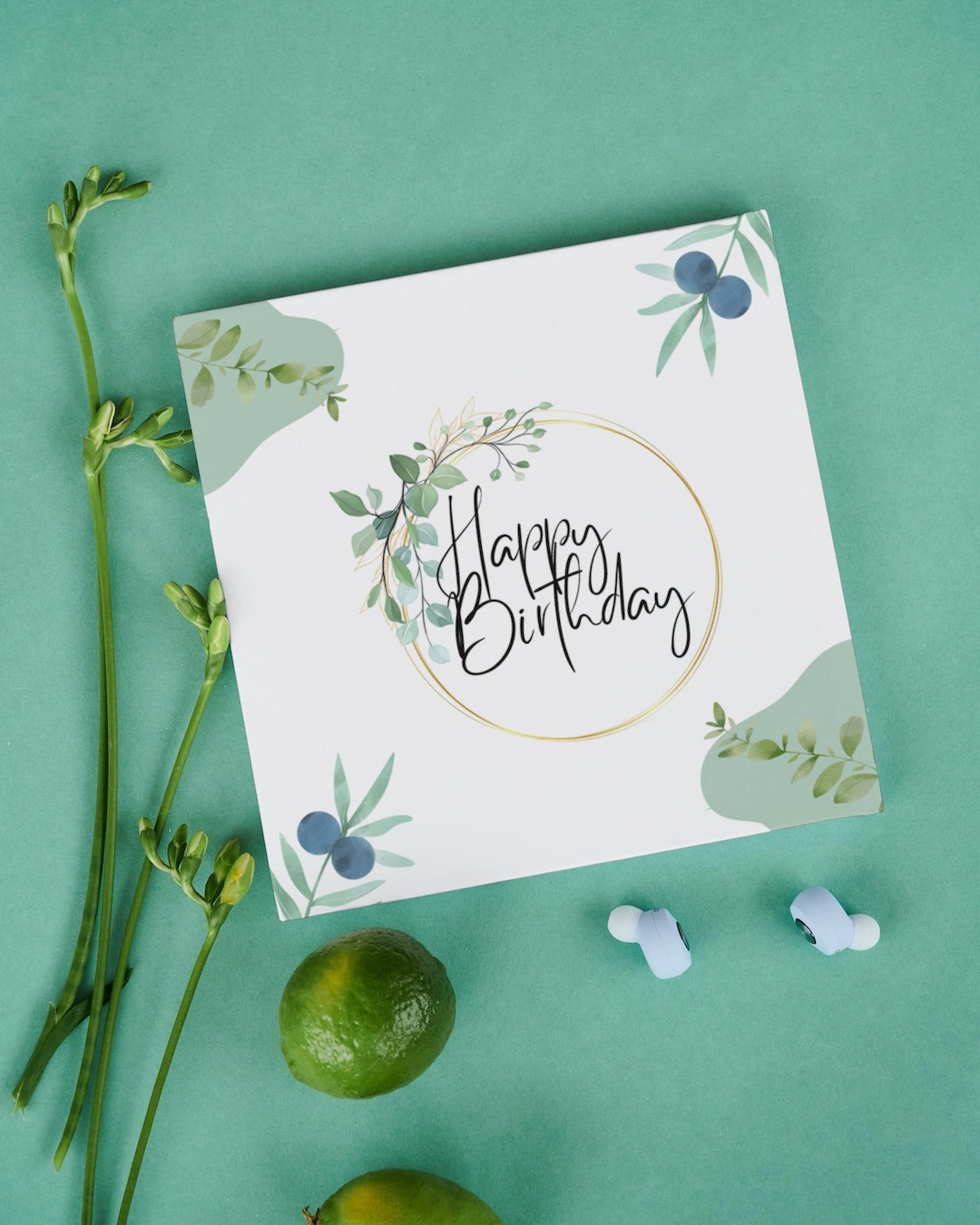 Green Elegant Eucalyptus Birthday Card, Printable Birthday Card, Happy ...