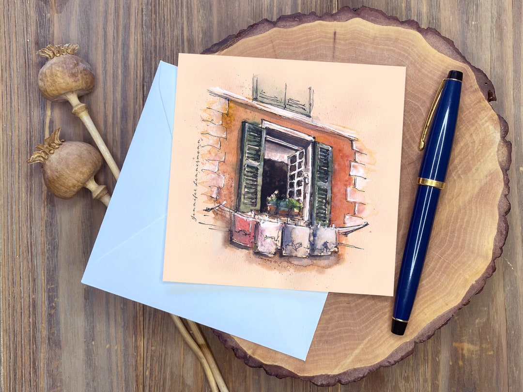 Urban Sketch Italy Liguria Art Print, Ink and Watercolour, Square Card ...