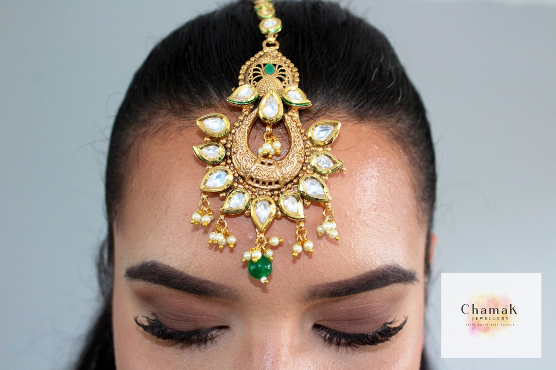 Bridal Kundan Maang Tikka: Gold & Green Forehead Jewelry - Etsy