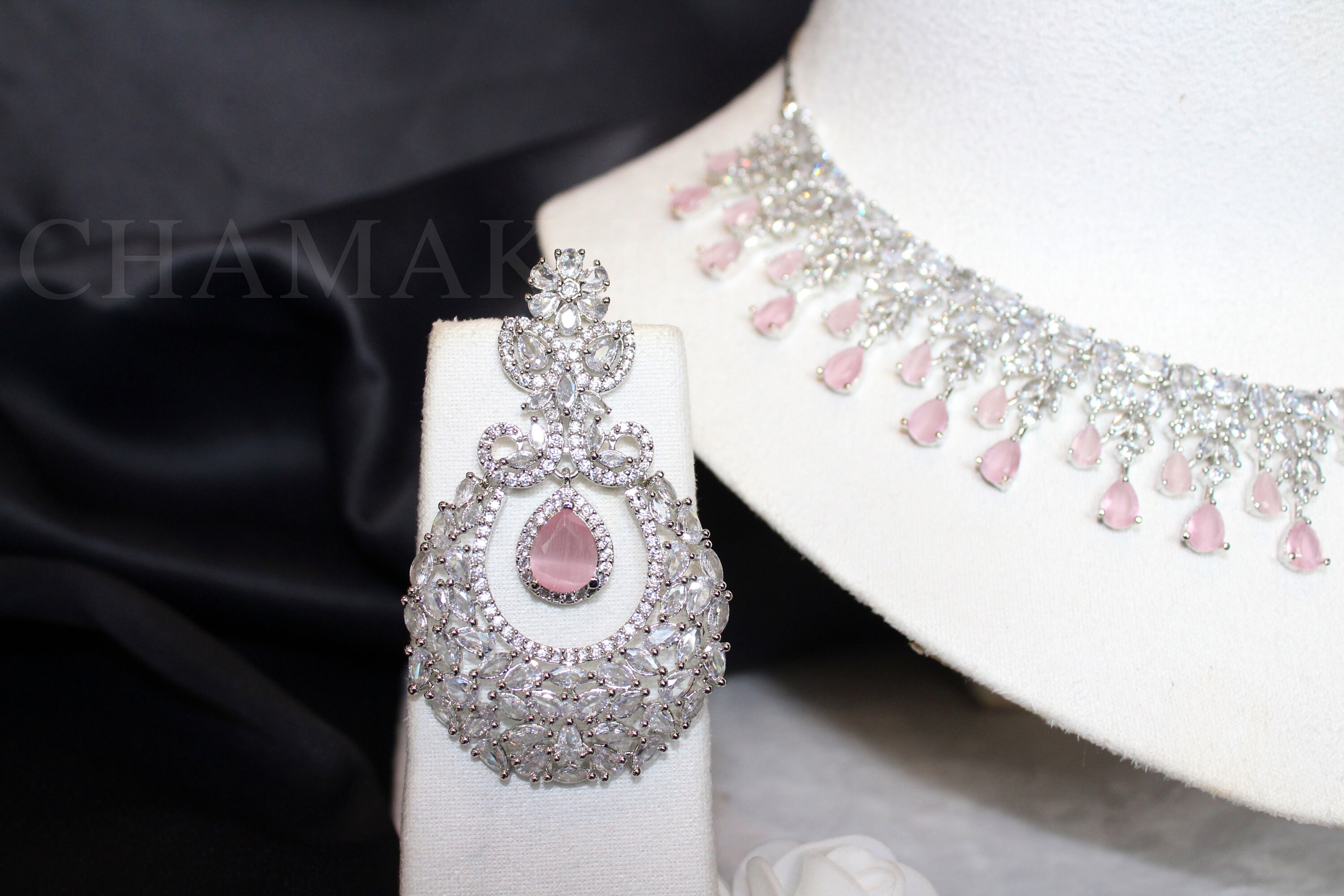 Exclusive American Diamond Silver Baby Pink Jhumka Necklace - Etsy