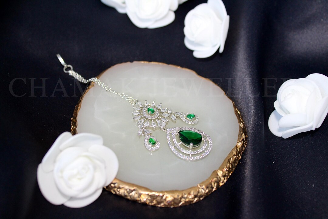 Exclusive American Diamond Emerald Green on Silver Maang Tikka Forehead ...