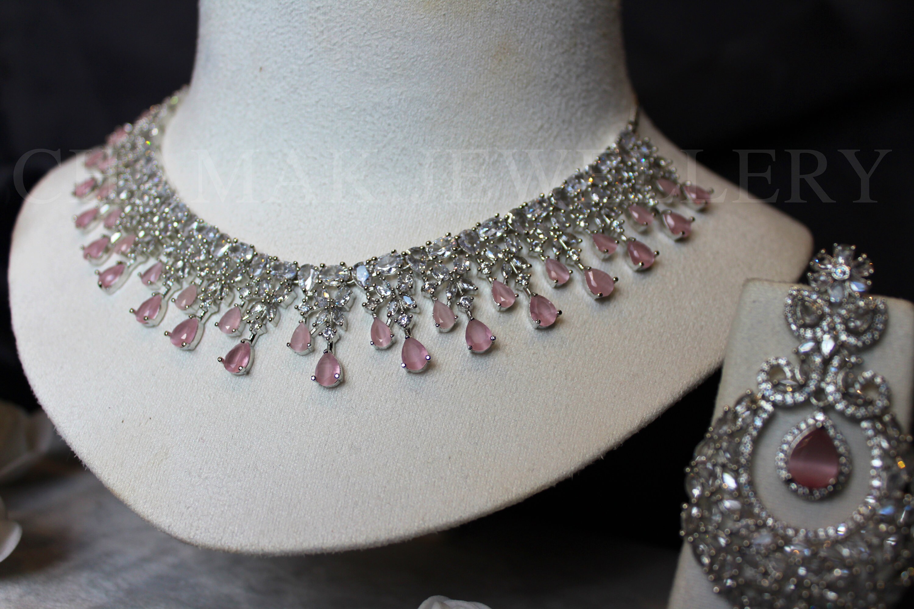 Exclusive American Diamond Silver Baby Pink Jhumka Necklace and ...