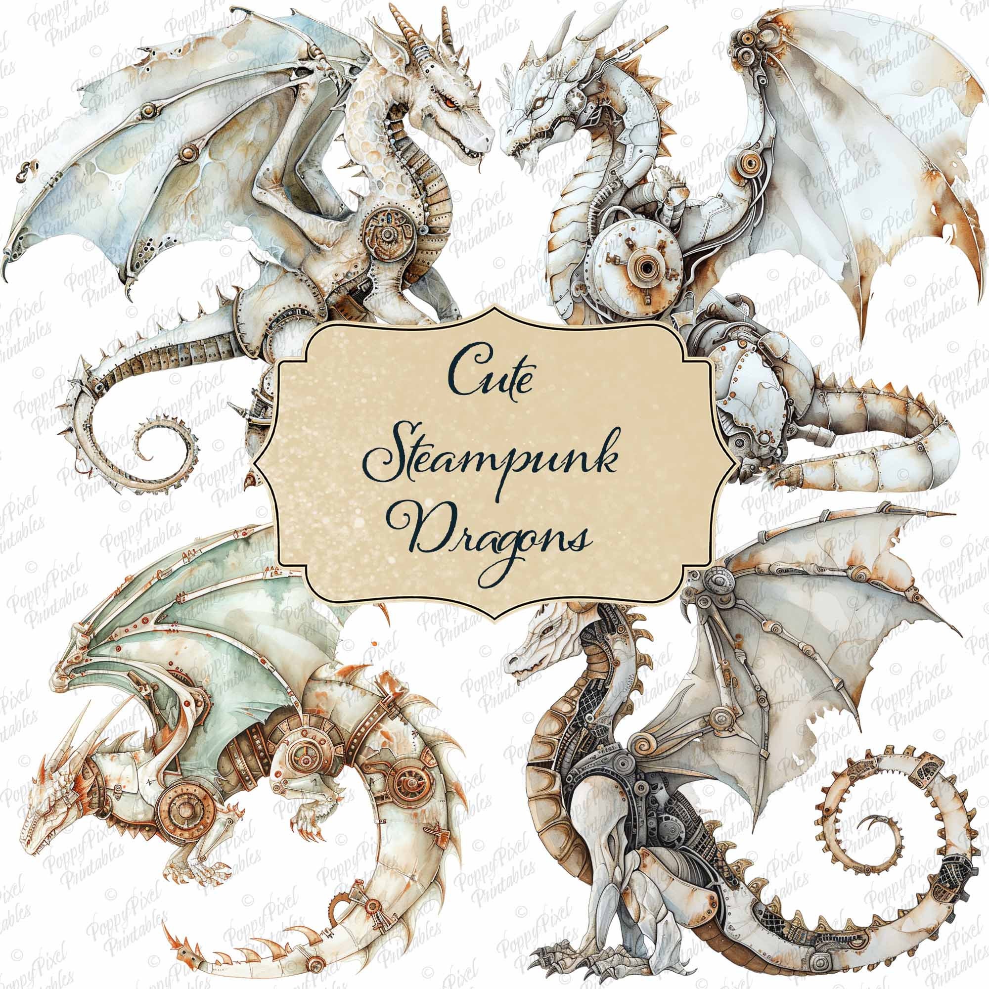 12 Retro Steampunk Dragons Clipart Set for Paper Crafts, Vintage Junk ...