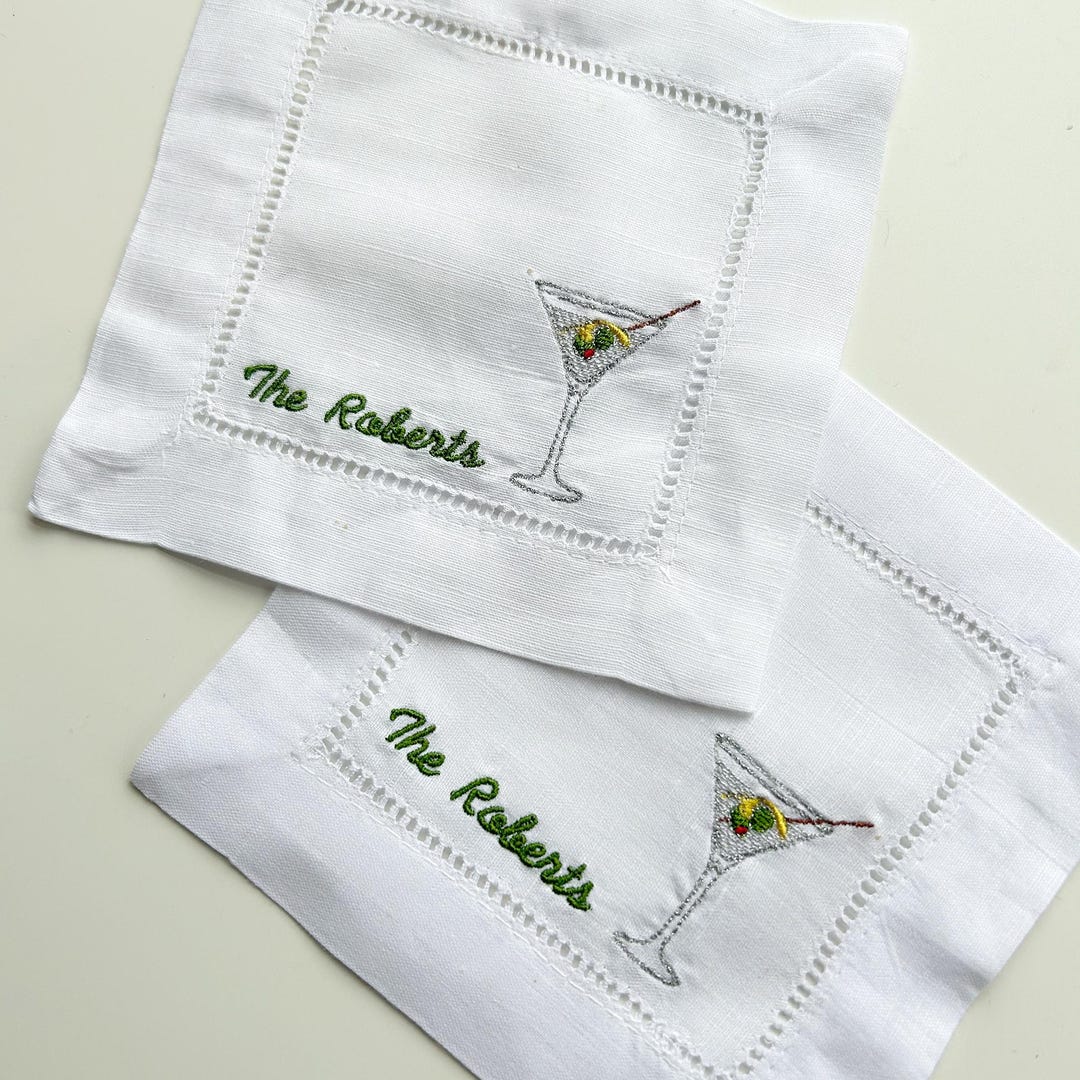 Embroidered Reusable Cocktail Napkin Set, Mini MARTINI, Cloth, Bridal ...