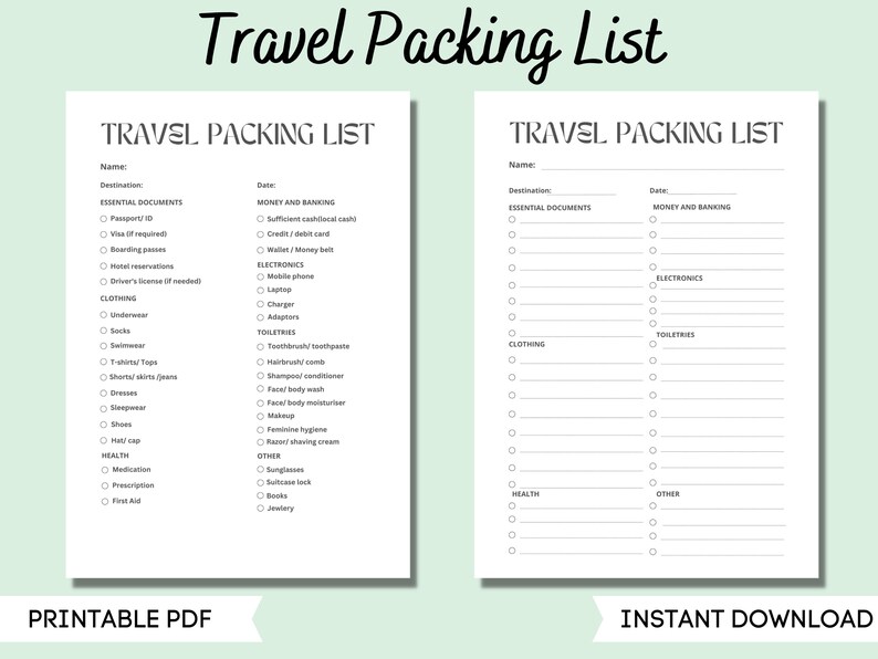 Travel Packing List | Travel Packing List Printable | Packing Checklist ...
