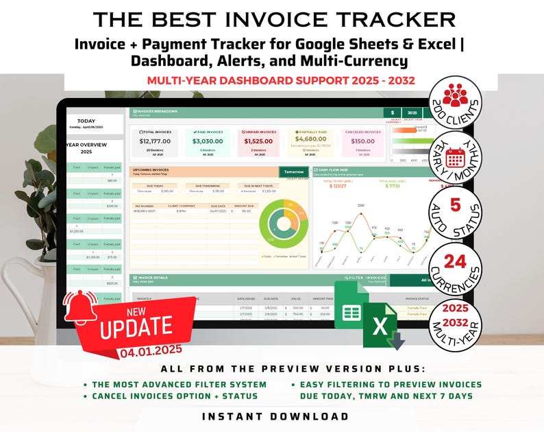 Invoice Tracker | Excel and Google Sheets Customer Payment Log for ...