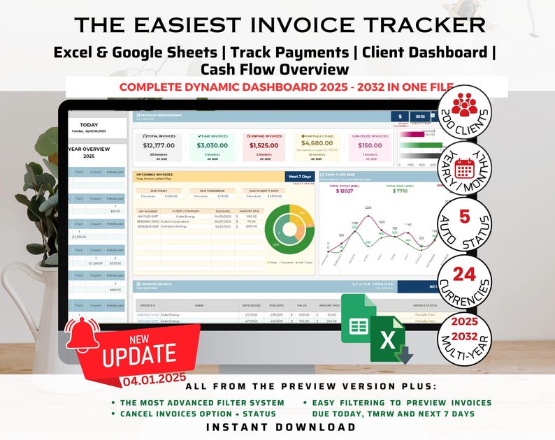 Invoice Tracker Spreadsheet | Excel and Google Sheet Template | Log Invoices Auto Built-in ...