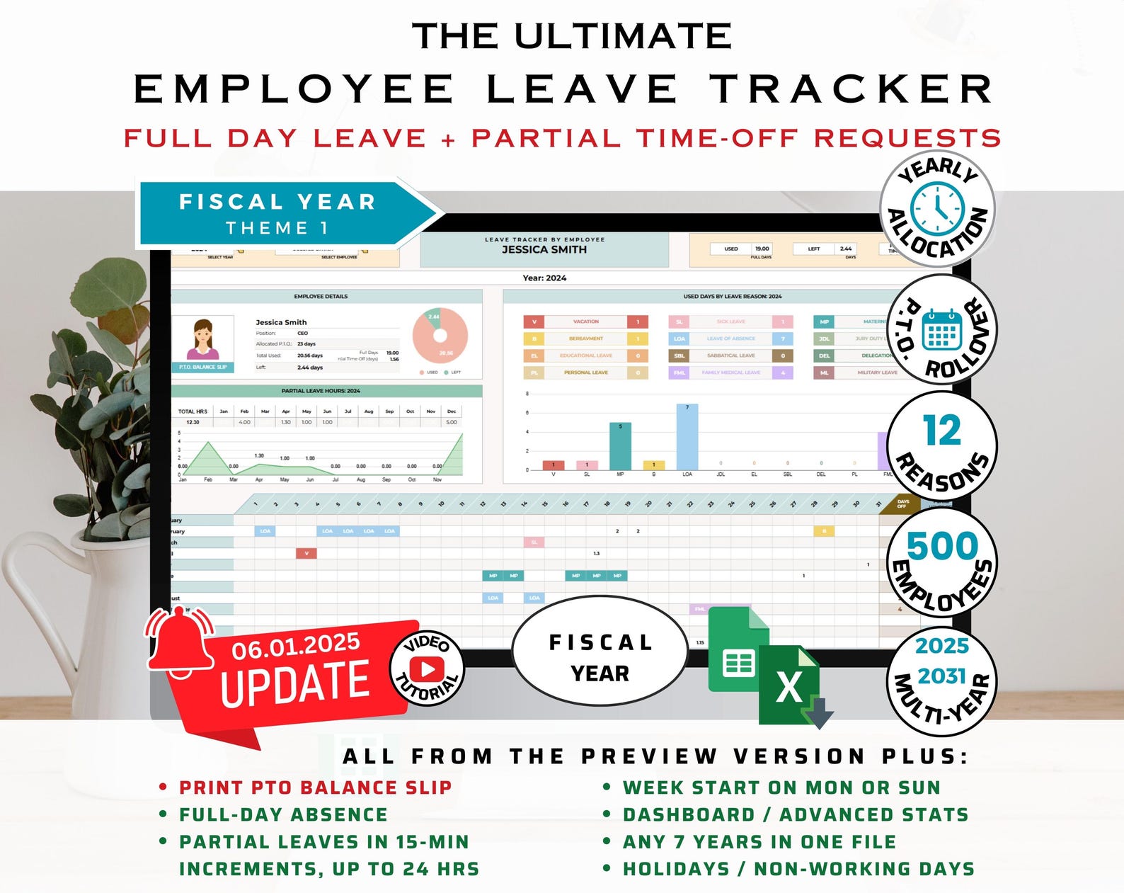 Employee Leave Tracker: 7-year Excel & Google Sheets Template (digital ...