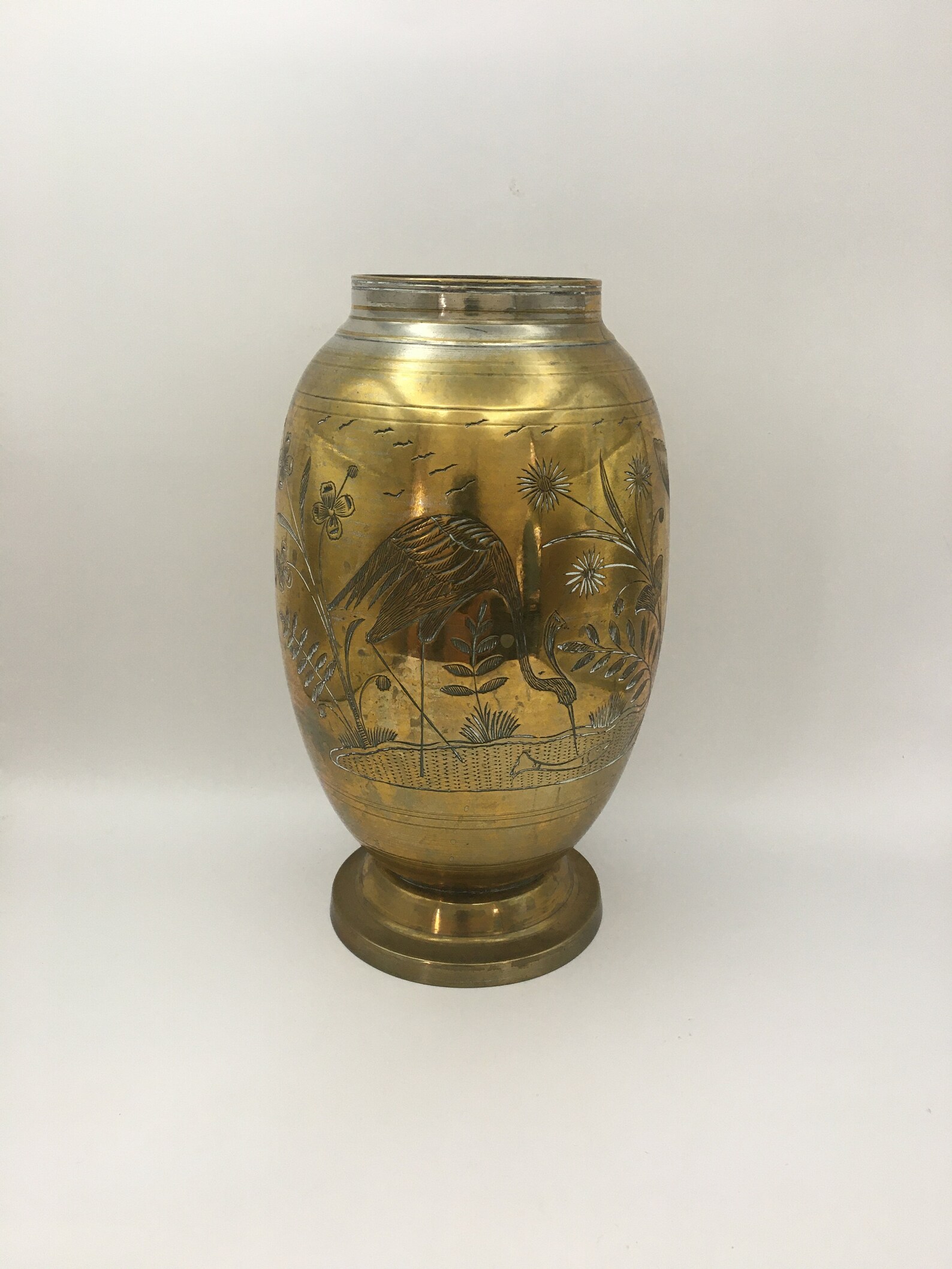 Vintage Brass Indian Vase With Engraved Bird and Palm Design - Etsy