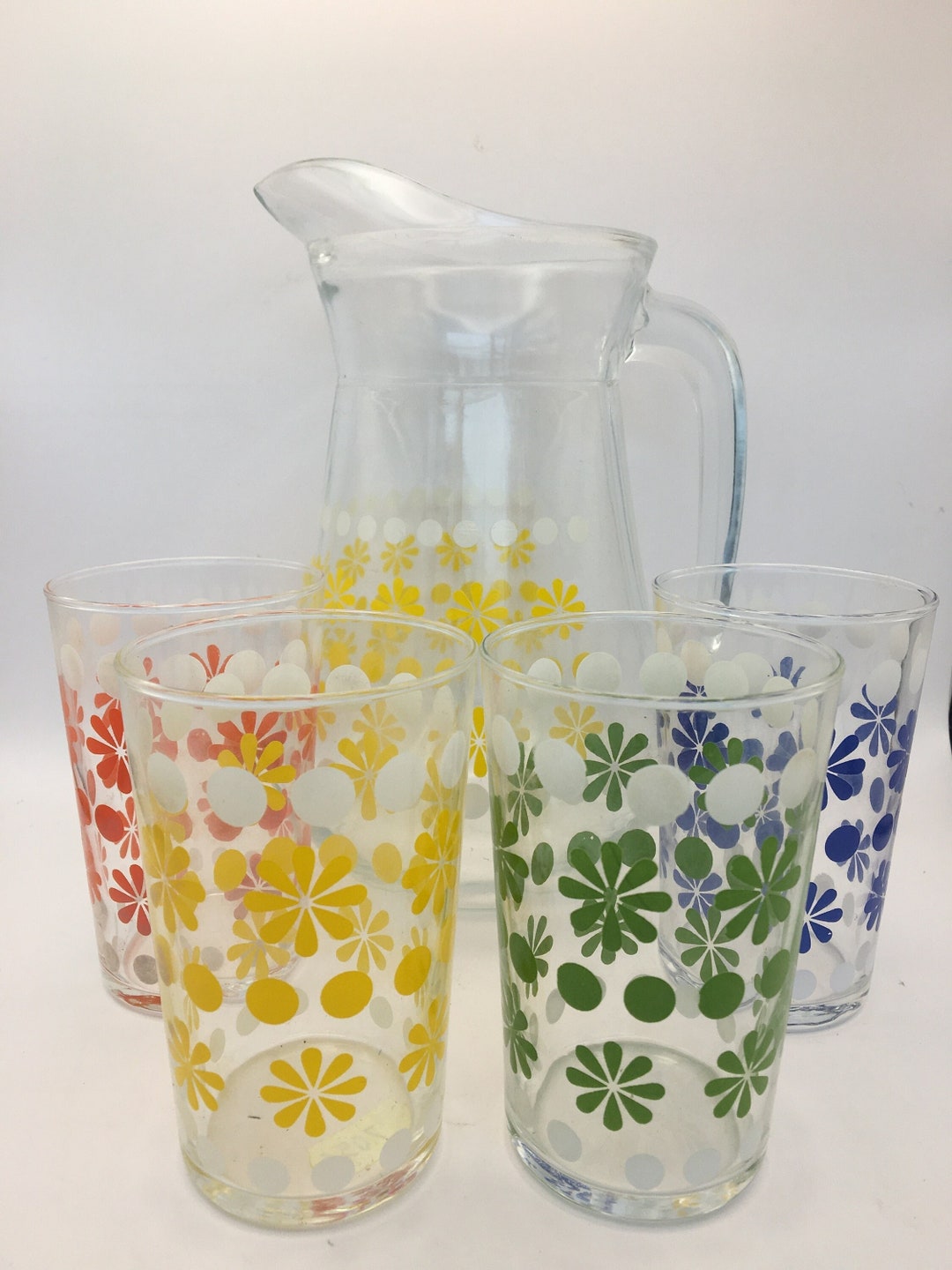 Vintage Glass Jug & Tumbler Set, Vintage Cocktail Juice Jug and Glasses ...