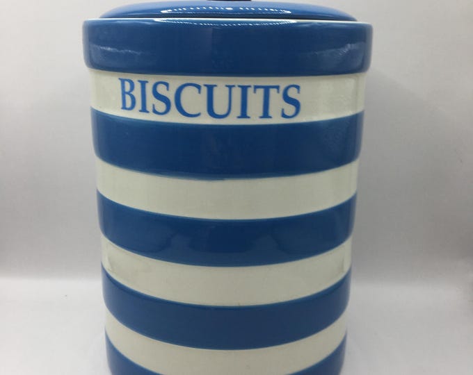 Vintage Blue & White Stripe Biscuit Barrel - Cornish Ware Style Cookie ...
