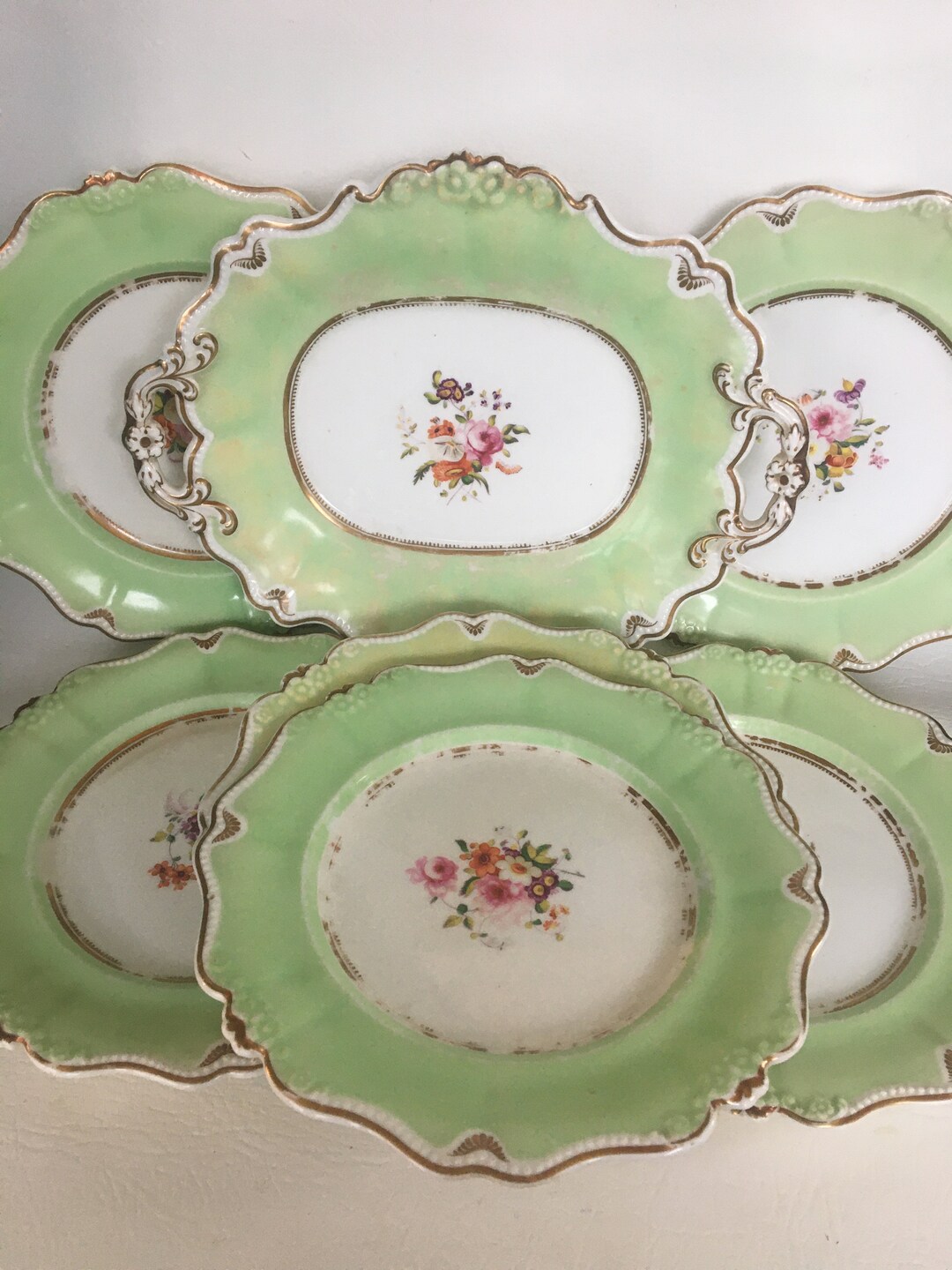 Victorian Plates Set of Seven, Vintage Green and White Lunch Plates ...