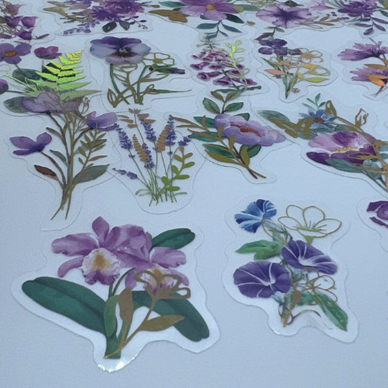 20/40 Transparent Purple Flower Sticker Set, Gold Foliage Clear ...
