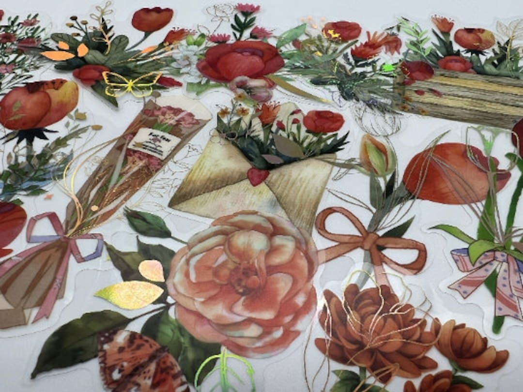 20/40 Retro Bouquet Flower Sticker Pink Gold Floral Vinyl Waterproof ...