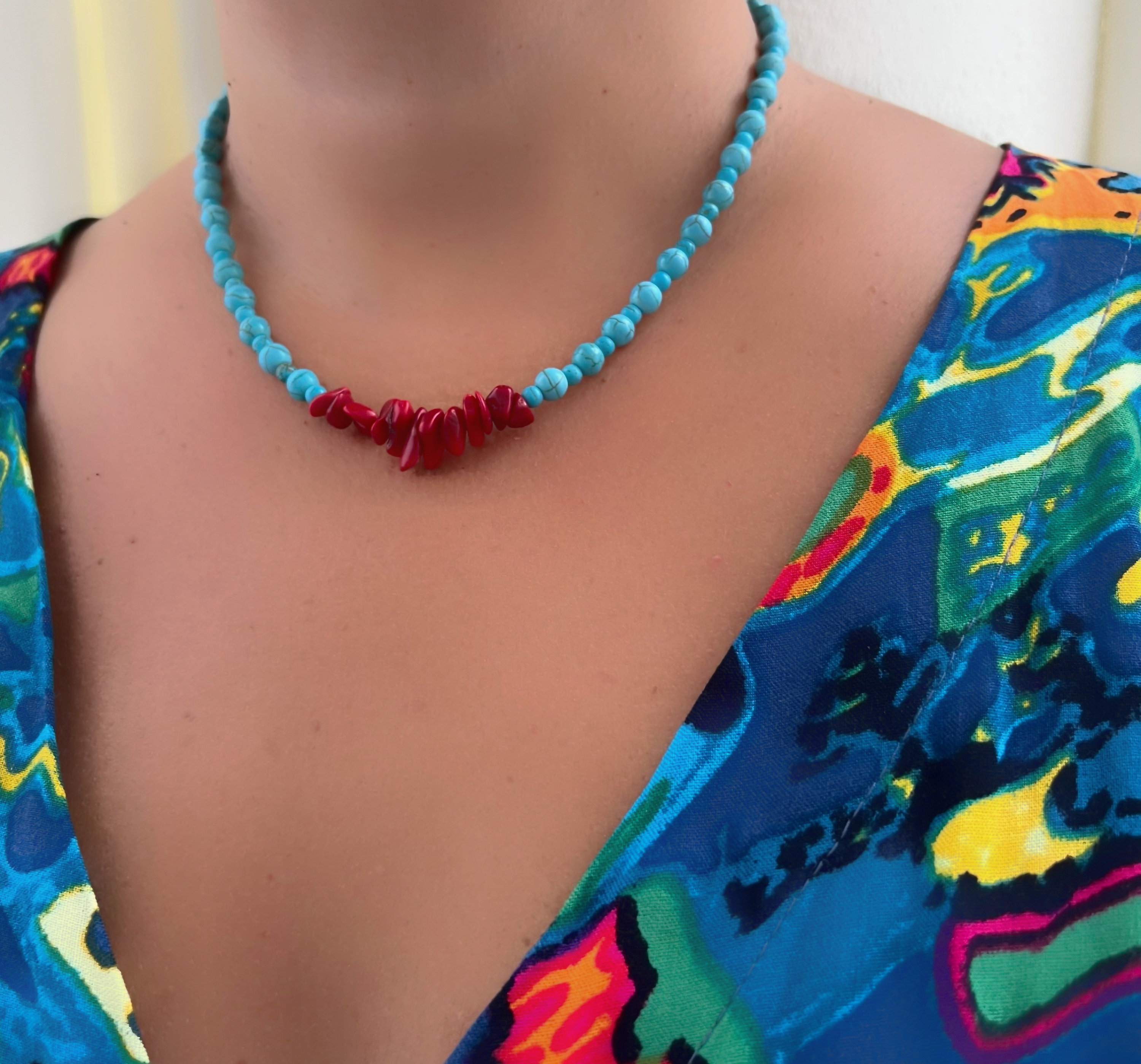 Turquoise and Coral Gemstone Necklace Coral Jewelry Genuine - Etsy