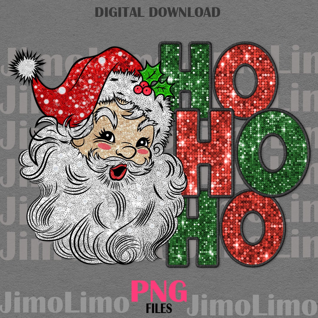 Glitter Santa Face Png Faux Sequin Ho Ho Ho Merry Christmas Retro ...