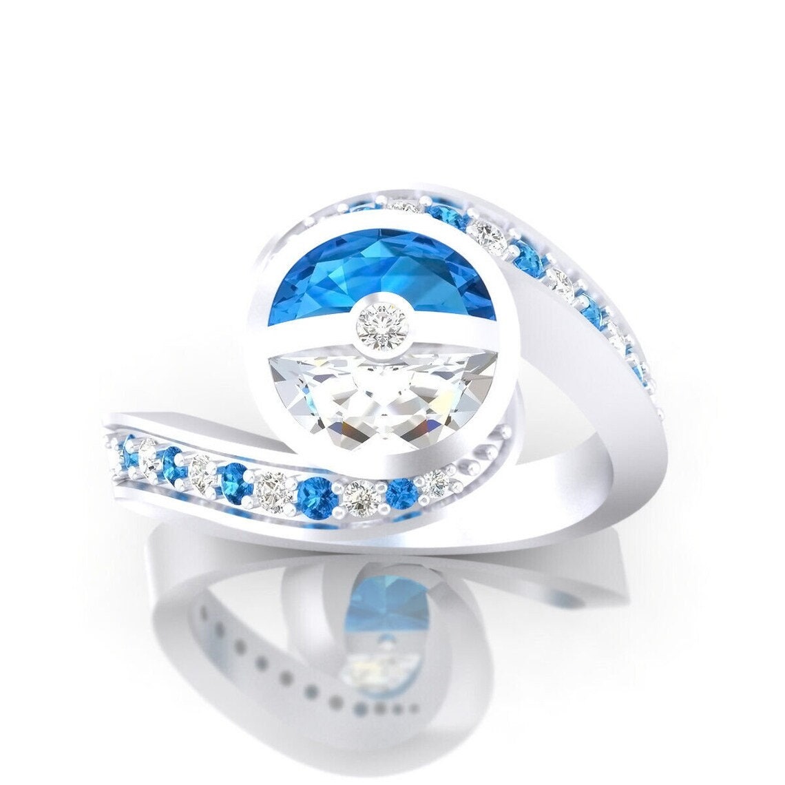 Pokemon Anime-inspired Diamond Blue Pokeball Ring, 925 Sterling Silver ...