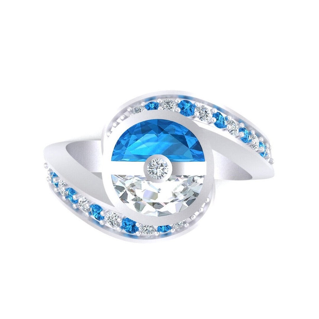 Pokemon Anime-inspired Diamond Blue Pokeball Ring, 925 Sterling Silver ...