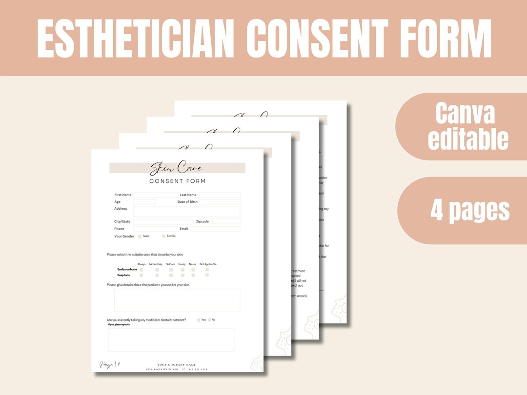 Esthetician Consent Form- Skin Care, Treatment Record, Aftercare, Skin ...