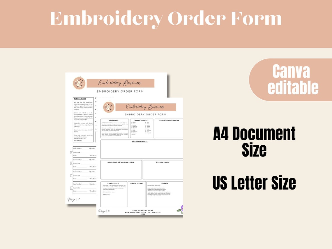 Embroidery Order Form, Small Business Order Form, Embroidery, Canva ...